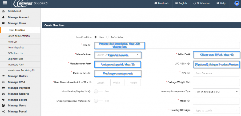 How to create Items - Newegg Logistics Knowledge Base